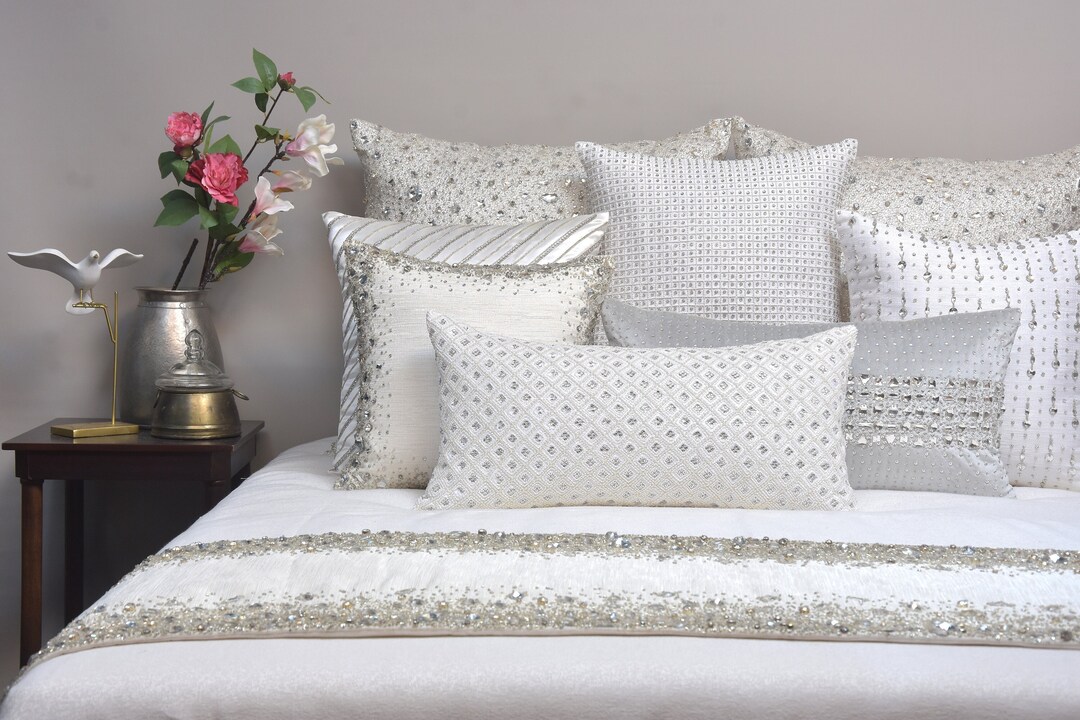 Off White Bling Luxury Duvet Cover Set Embroidered Embellished Bedding ...