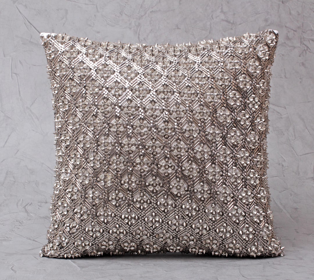 Hand Embroidered Rhinestone Pillow Cover, Silver Studded Geometric ...