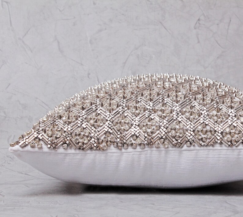 Hand Embroidered Rhinestone Pillow Cover, Silver Studded Geometric ...