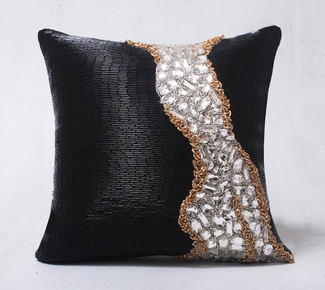 Hand Embroidered Rhinestone Pillow Cover, Black Gold Silver Glam Accent ...