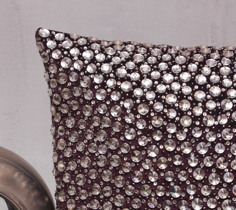 Wine Velvet Rhinestone Pillow Cover, Hand Embroidered, Modern Accent ...