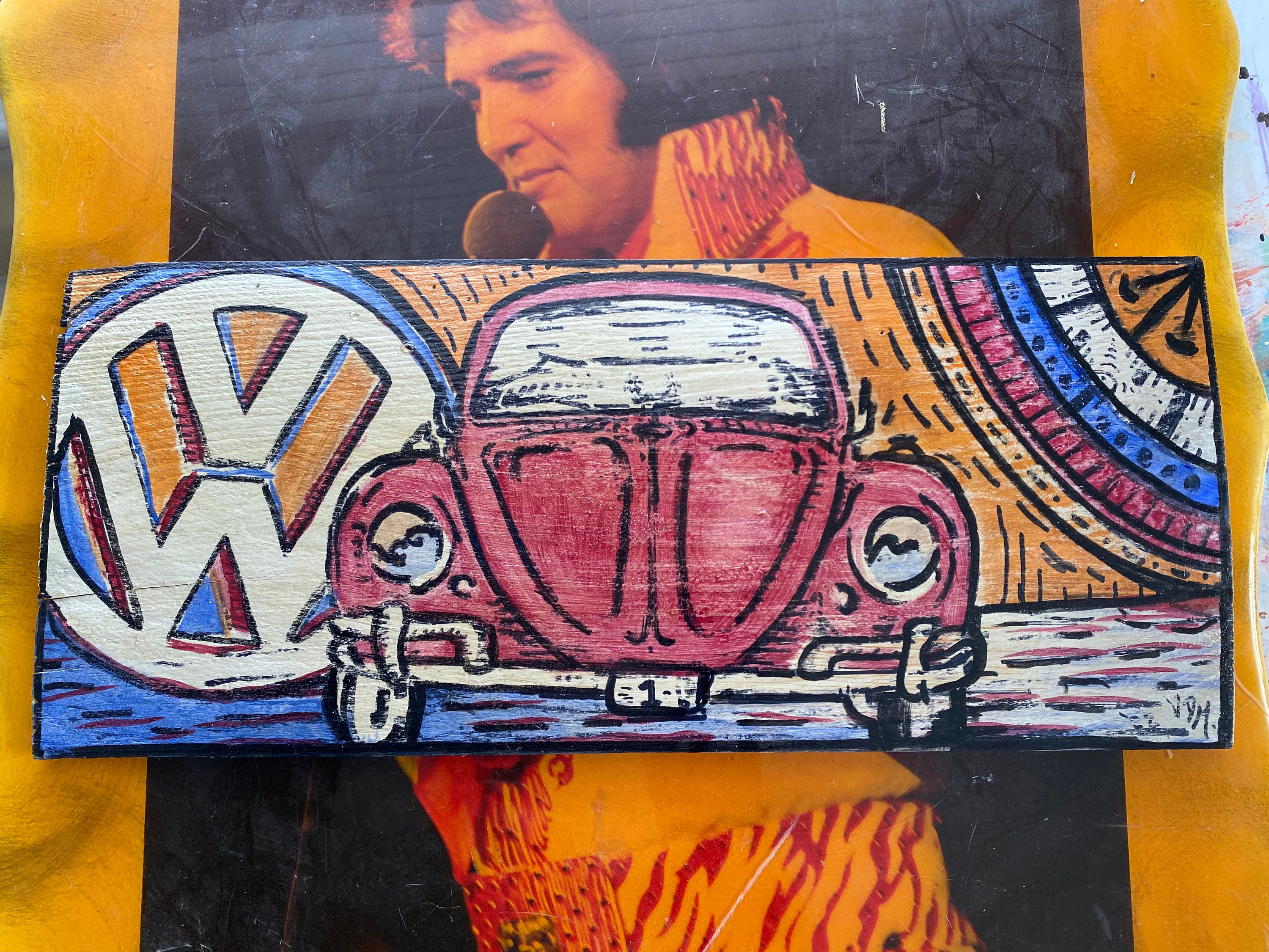 Volkswagen Beetle Folk Pop Art Handpainted VT Cedar Sign - Etsy