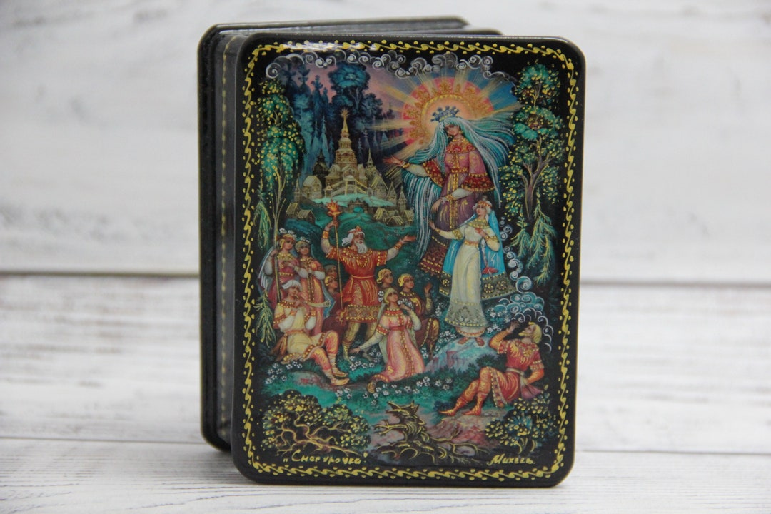 Hand-painted Palekh Lacquer Box, Papier Mache Fairy Tale Jewelry ...
