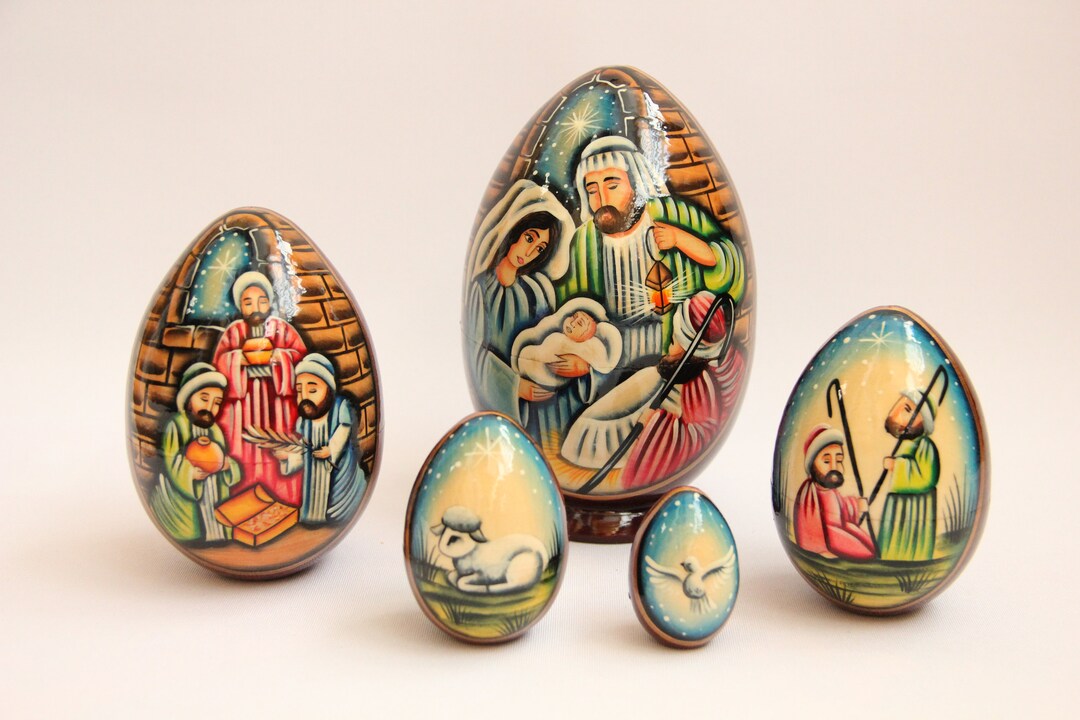 Nativity Nesting Doll Egg Shape 5 Pieces 14.5 Cm or 5.7'',wooden ...