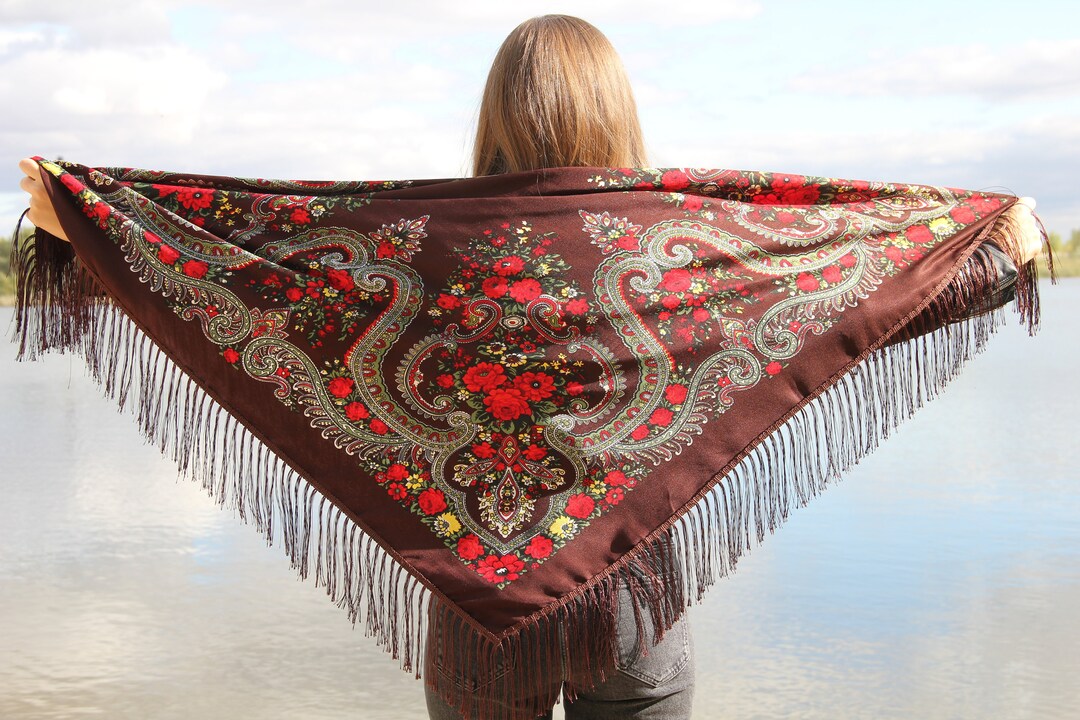 Scarf Wool Slavic Babushka Floral Scarf Modern Chic Boho Styling With ...