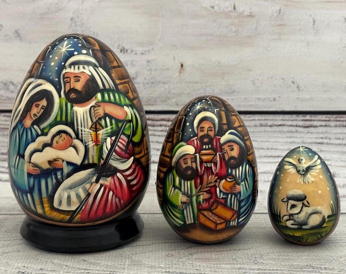 Made in Ukraine Nativity Nesting Egg 3 Pieces 4.13'' or 10.5 Cm, Wooden ...
