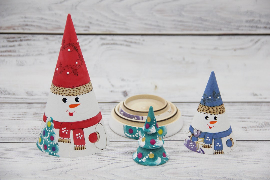 Snowman Wooden Nesting Cone 6.1 or 15.5 Cm, Hand Painted 3 Pieces ...