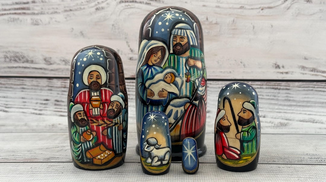 Hand Painted Nativity Nesting Doll, Ukrainian Christmas Decor, 5 Piece ...