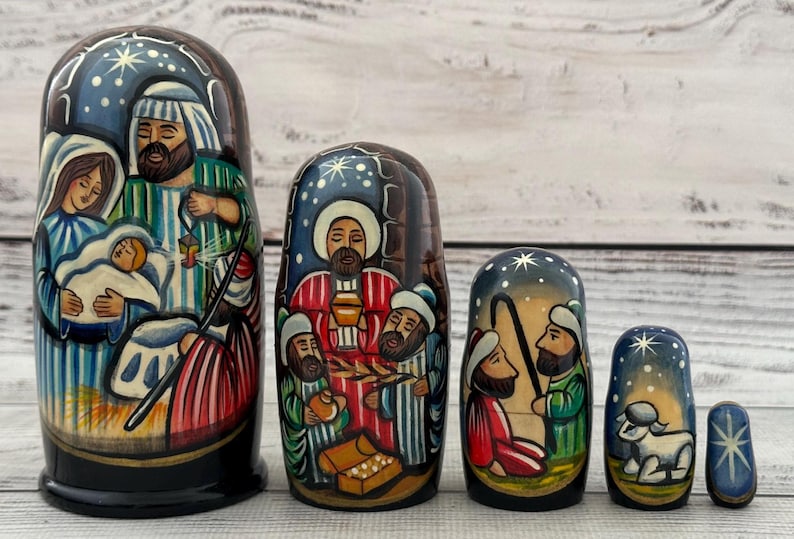 Hand Painted Nativity Nesting Doll, Ukrainian Christmas Decor, 5 Piece ...