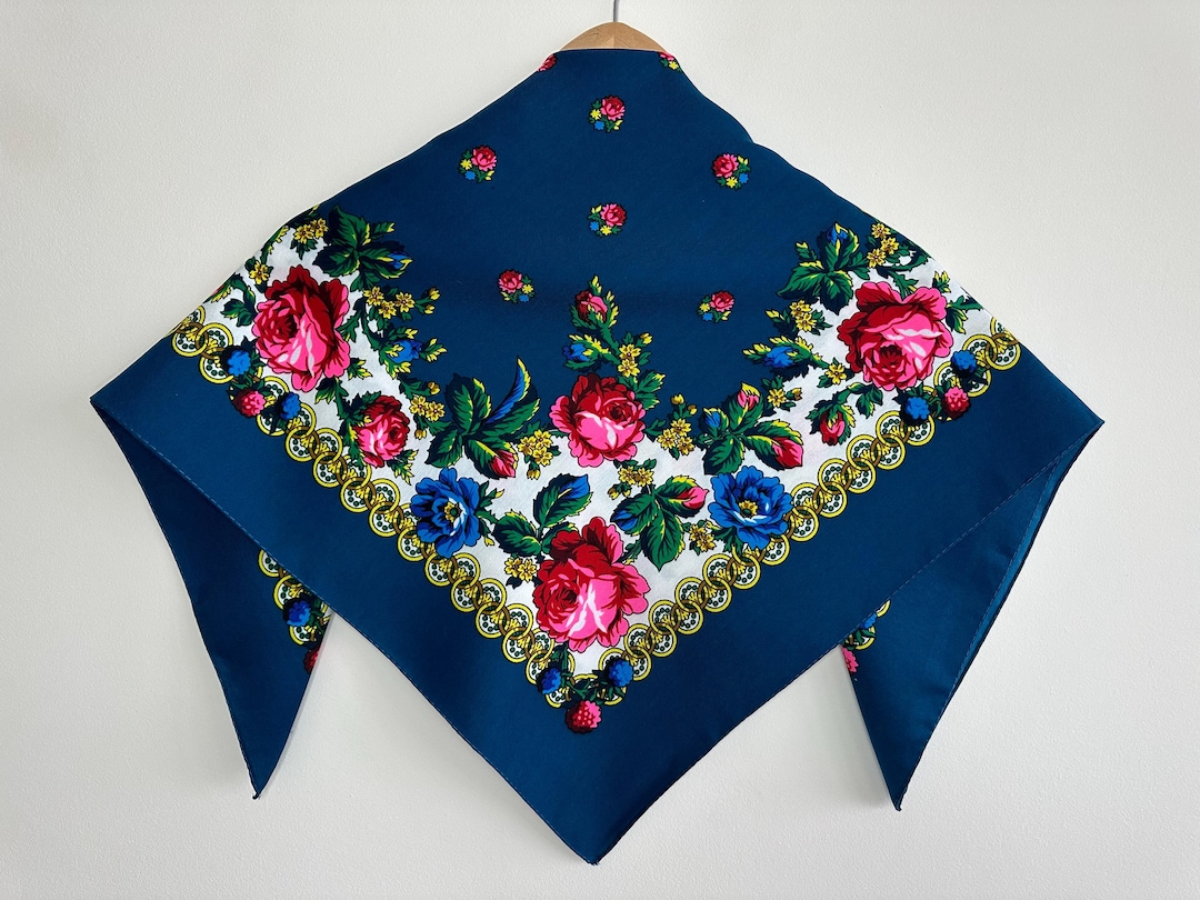 Made in Ukraine SALE! Blue Slavic Babushka Floral Scarf, Ukrainian Wool ...