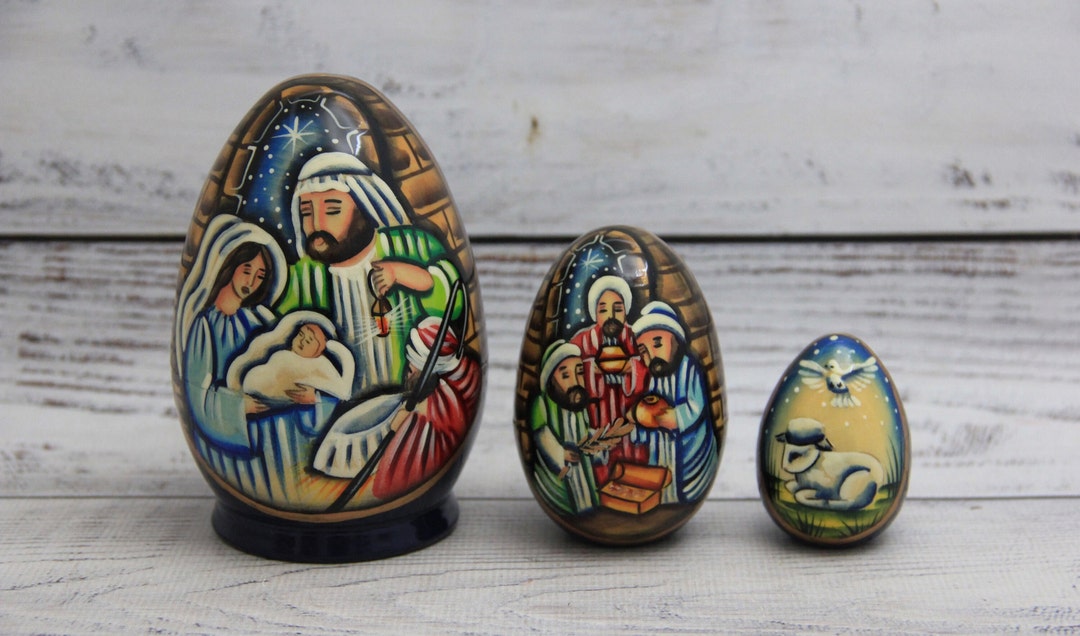 Made in Ukraine Nativity Nesting Egg 3 Pieces 4.13'' or 10.5 Cm, Wooden ...
