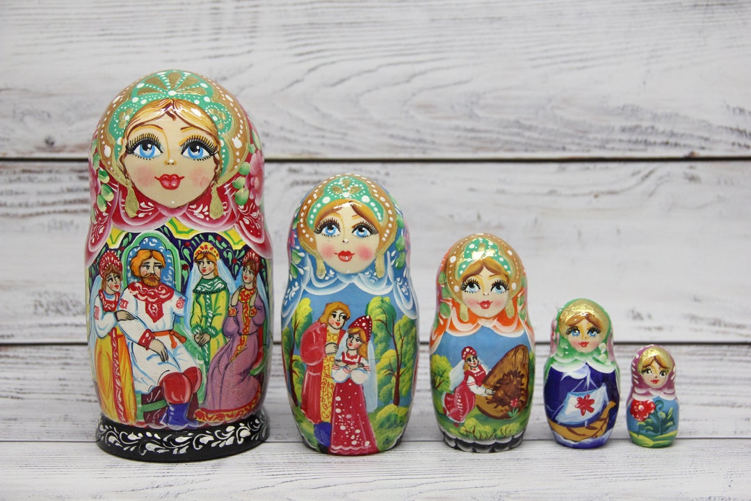 Ukrainian Fairy Tales Hand Painted Nesting Doll 5 Pieces Doll 6.49'' or ...