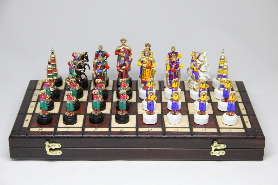 Wooden Board Chess Set 17,72'' 45 Cm, Hand Painted Figures Ukrainian ...