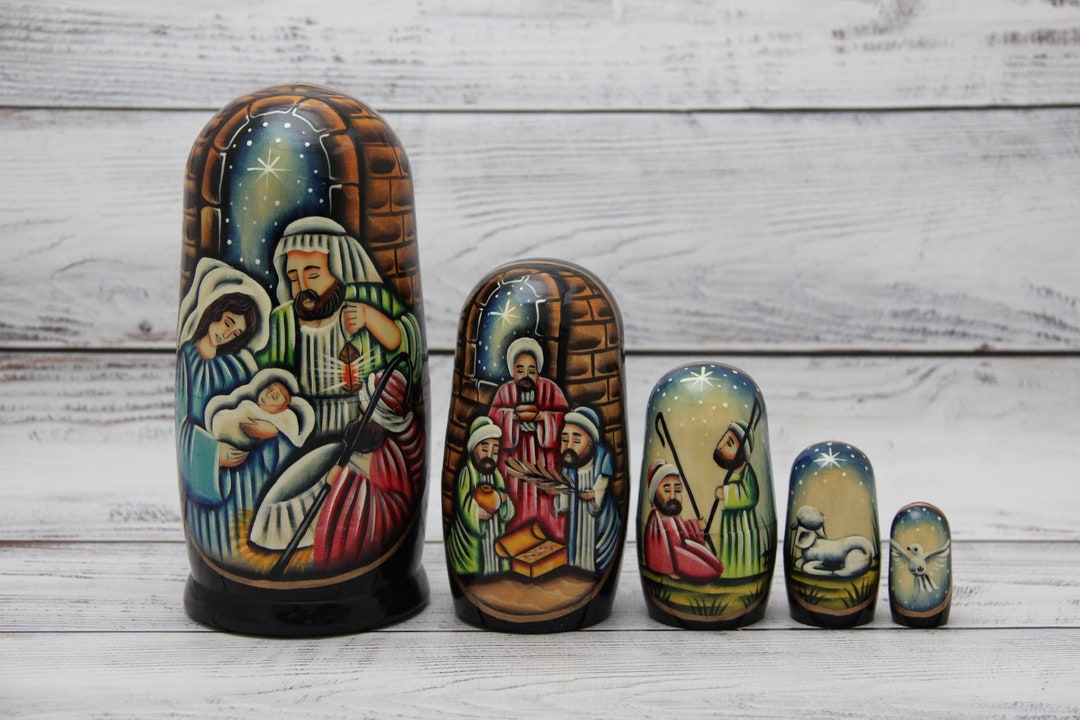 Nativity Nesting Doll 5 Pieces 17 Cm or 6.69'', Wooden Christmas ...