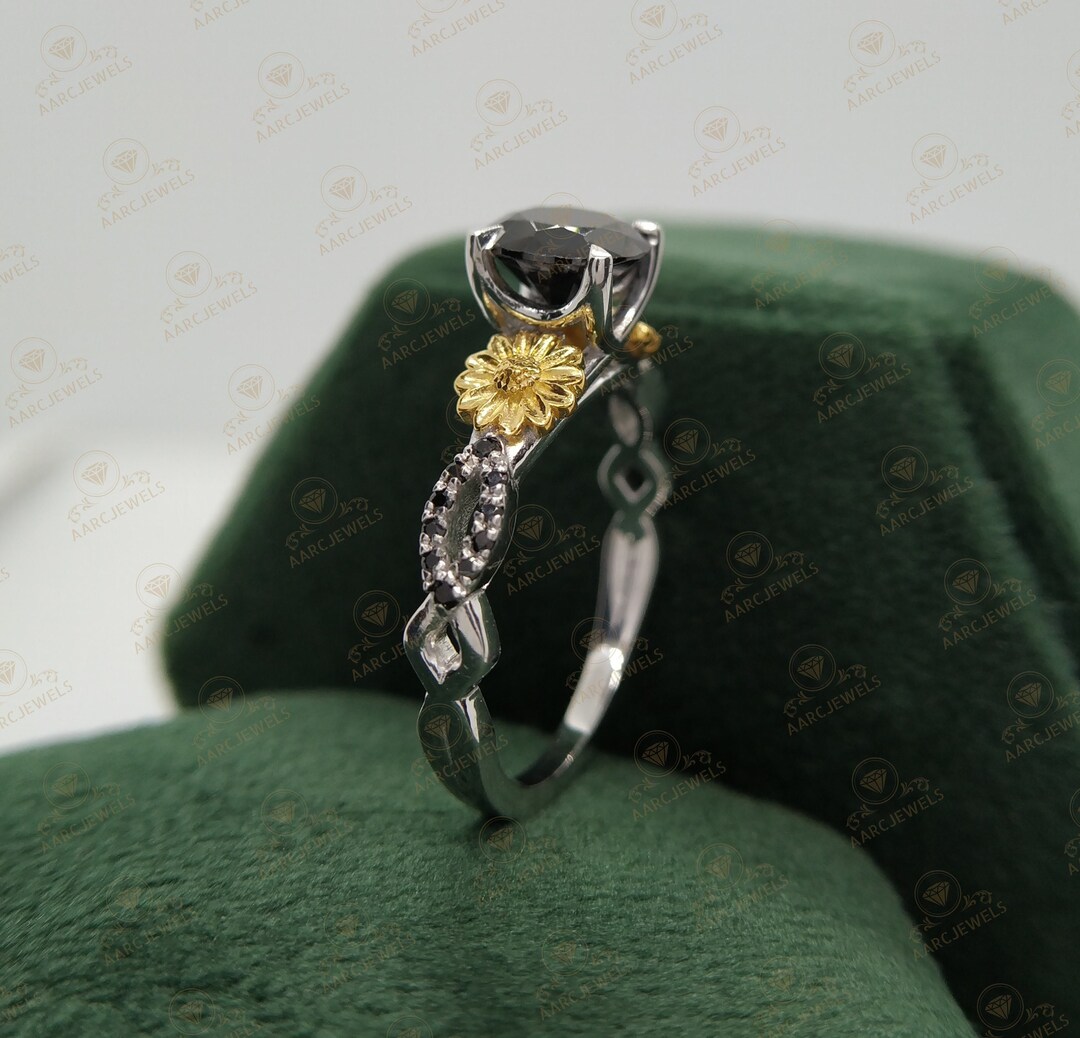 Black Diamond Sunflower Engagement Ring 2 Ct Black Moissanite Ring ...