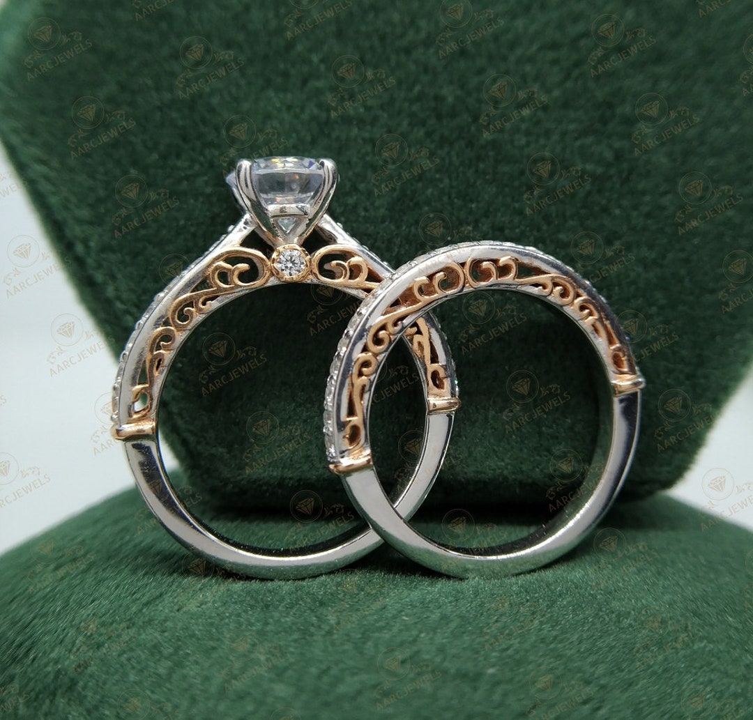 Vintage Two Tone Wedding Ring Set Bridal Set 2 Ct Round Cut - Etsy