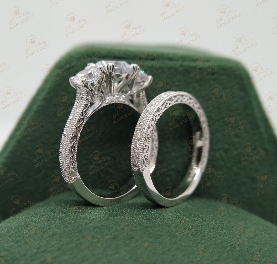Vintage Three Stone Wedding Ring Set, Bridal Set, Round Cut Moissanite ...