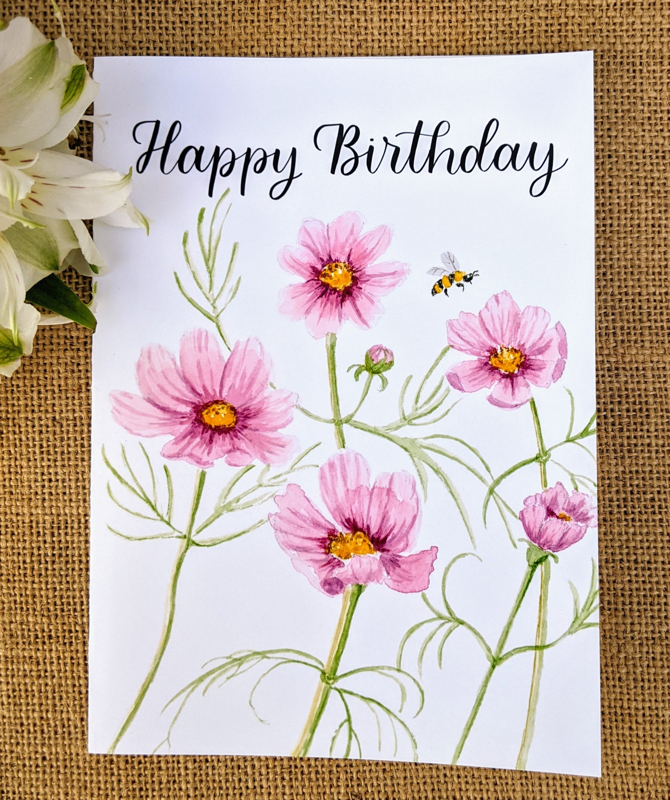 Happy Birthday, Cosmos Flowers With Bee, Watercolor Print Card, Hand ...