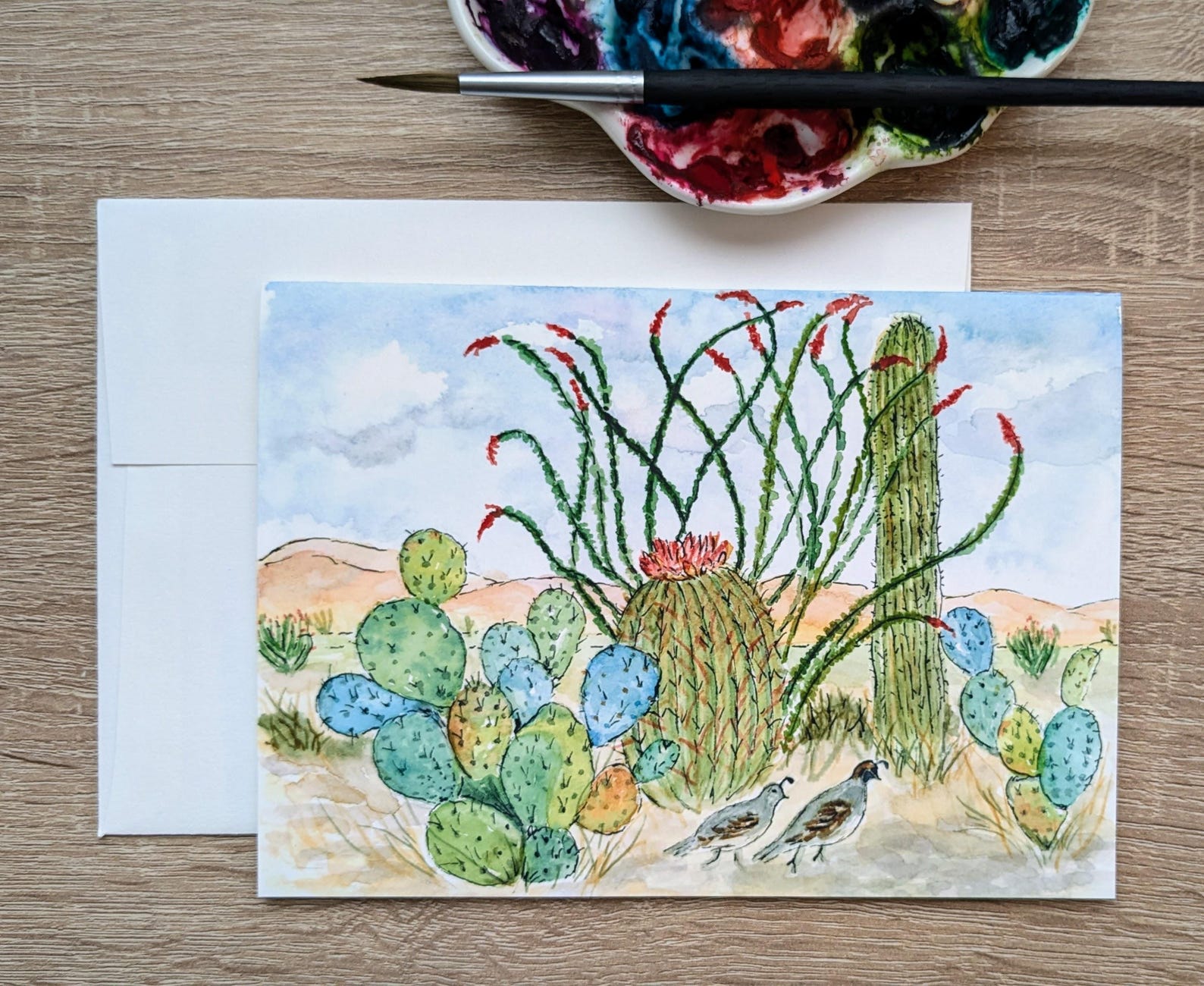 Whimsical Desert Watercolor Card Featuring Quail and Cactus, Bright ...