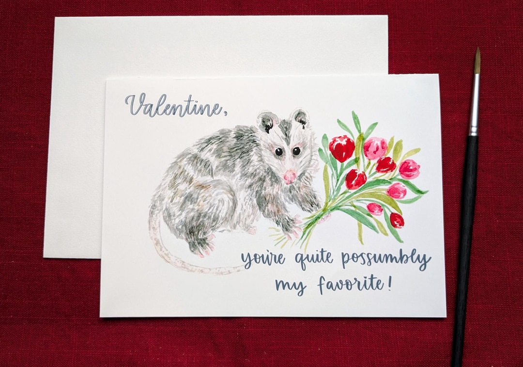 Cute Opossum Valentine Card, Watercolor Card, Possum Valentine's Day ...