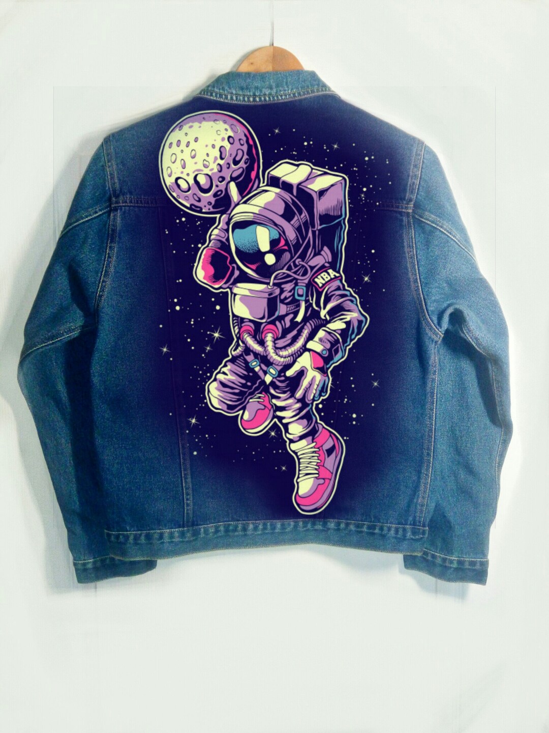 Hand Painted Jean Jacket Astronaut, Personalized Jacket, Custom Denim ...