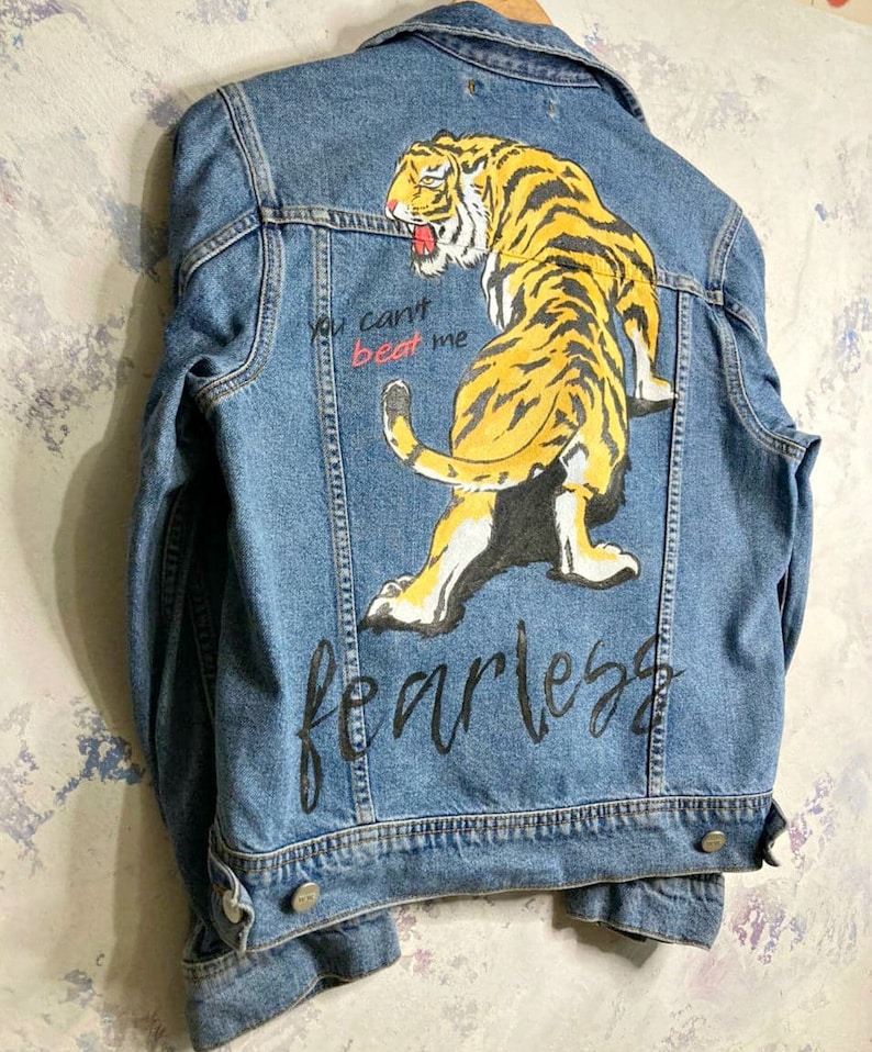 Painted Denim Jacket, Tiger Denim Jacket, Custom Painted Jacket, Tiger ...
