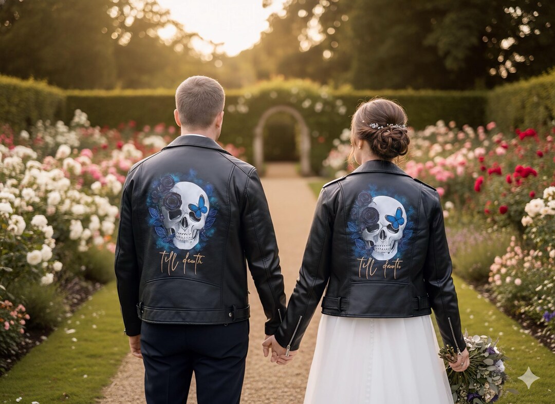 Bride & Groom Outfits - Painted Leather Jackets, Matching Bride Groom ...
