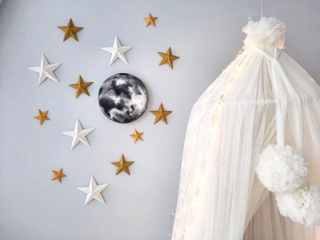 Full Moon Wall Decor Art, 3d Paper Gold Glitter and White Stars and ...
