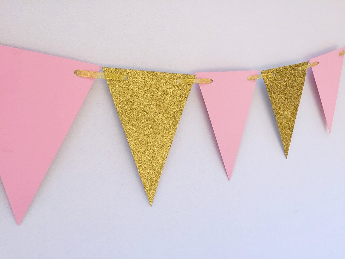 Paper Pink Gold Bunting Triangle Penant Party Banner Pink | Etsy