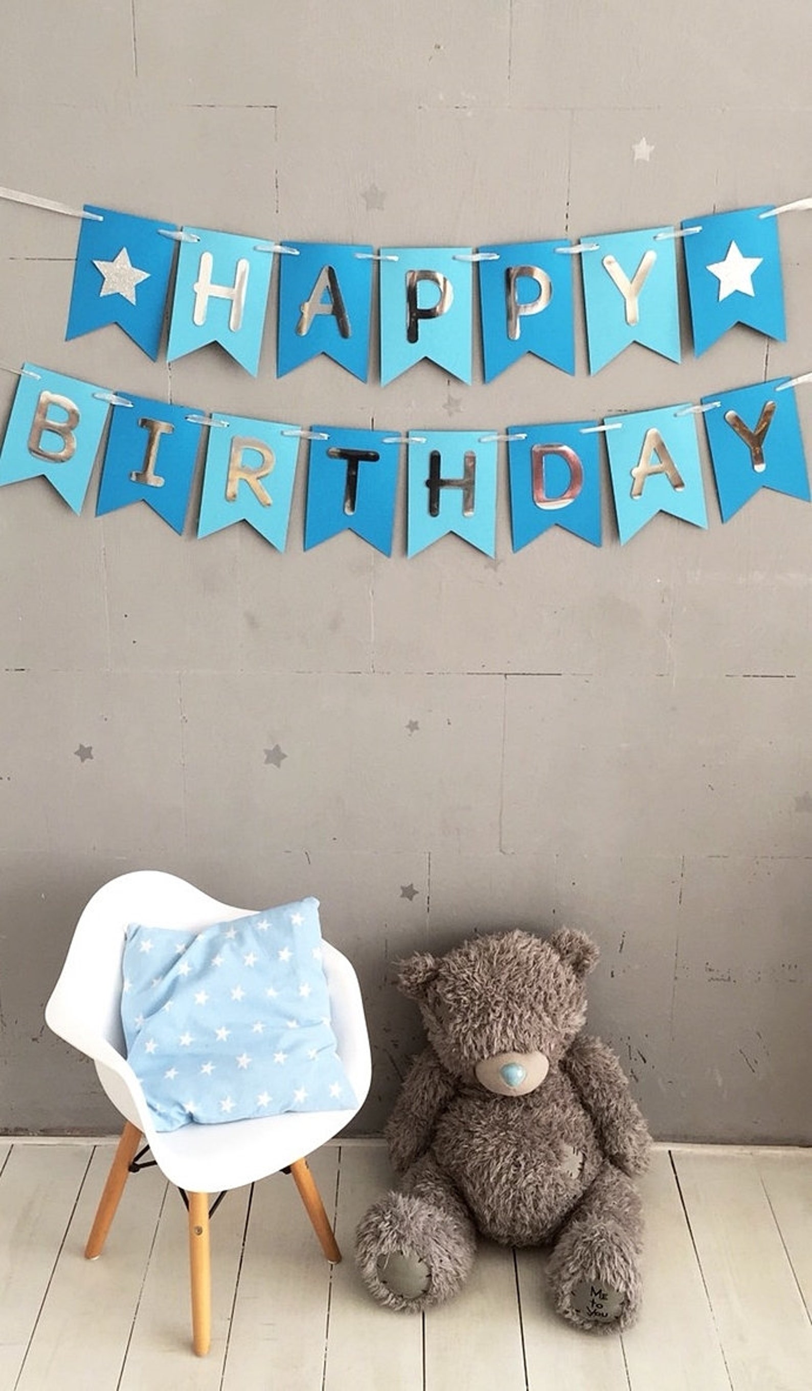 Blue and Silver Happy Birthday Banner Boy Birthday - Etsy