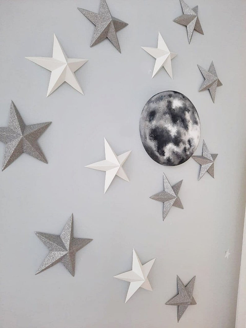 Full Moon Wall Decor 3d Paper Silver Glitter Stars and Moon | Etsy