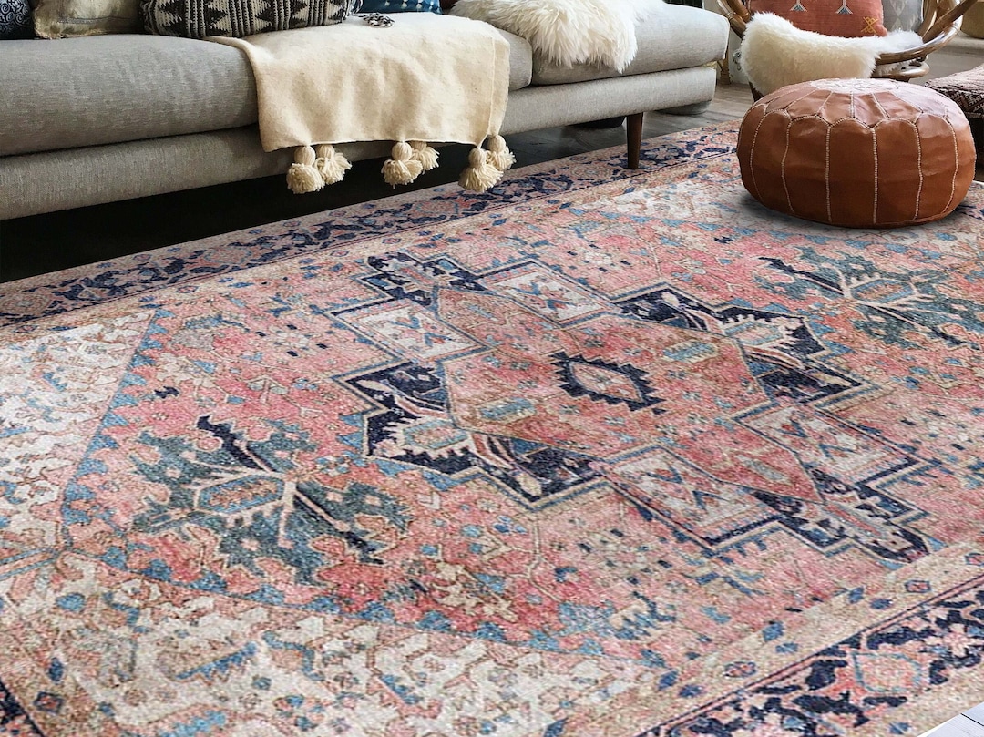 Pink Rug, Area Rugs, Vintage Pink Persian Rug, Heriz Rug, Pink Turkish ...