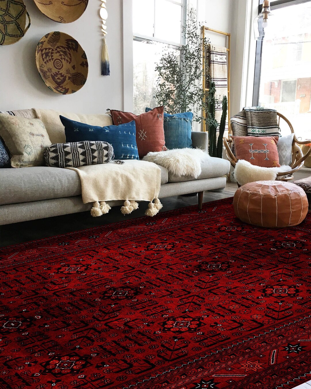 Dark Red Afghan Rug 4x6, Oriental Rug 5x8, Traditional Rug 6x9, Area ...