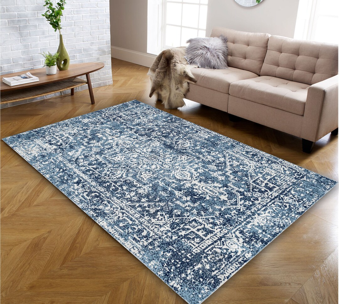 Farmhouse Rug Blue Distressed Turkish Rug Blue Area Rug Heriz Rug Blue ...