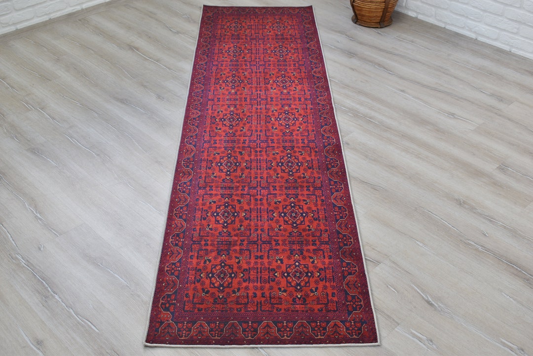 Red Afghan Runner Rug, Red and Dark Blue Runner Rug for Hallway ...