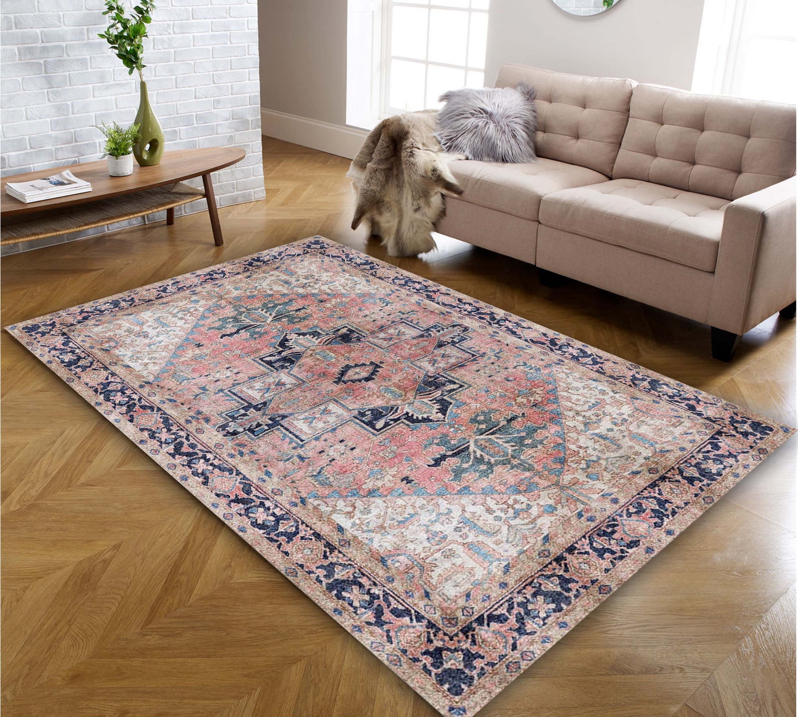 Pink Rug, Area Rugs, Vintage Pink Persian Rug, Heriz Rug, Pink Turkish ...