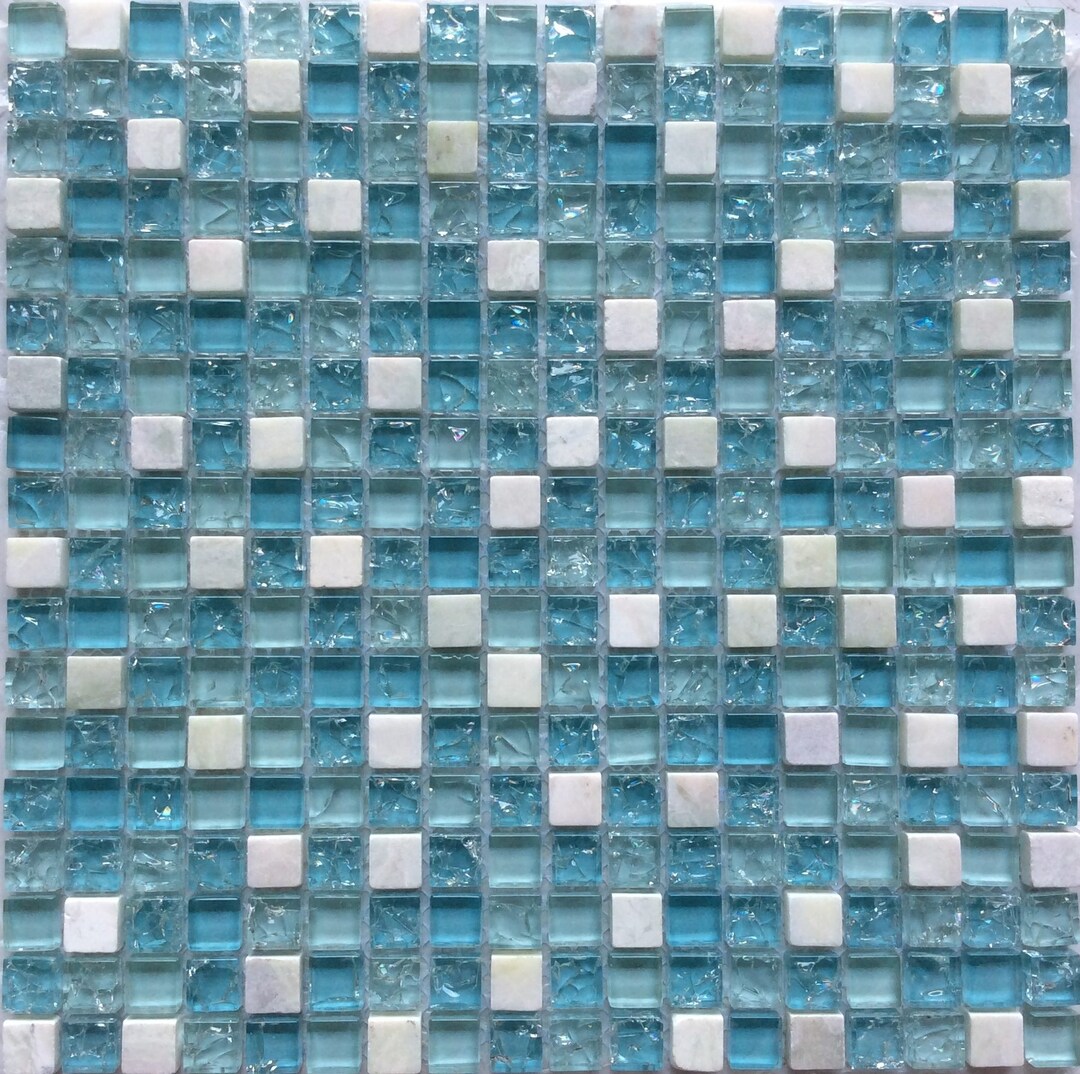 Blue Glass Mosaic Tiles: White Natural Stone, Bathroom Wall Tile (1m2 ...