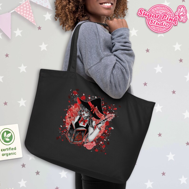 Large Organic Eco Bag - Book Worm Witch, Large Cotton Tote Bag, Big ...