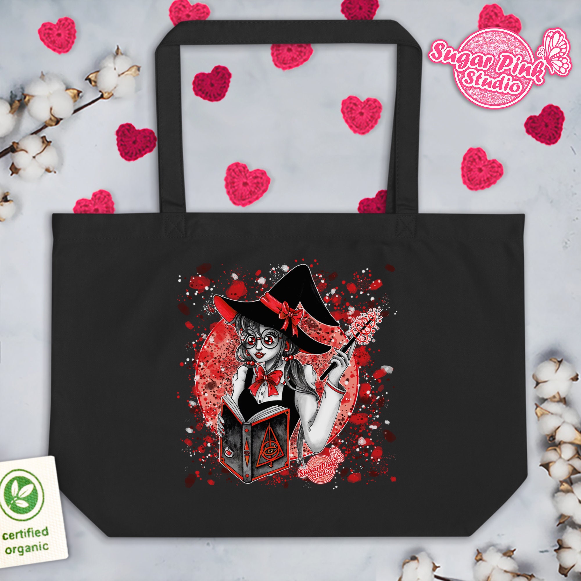 Large Organic Eco Bag - Book Worm Witch, Large Cotton Tote Bag, Big ...