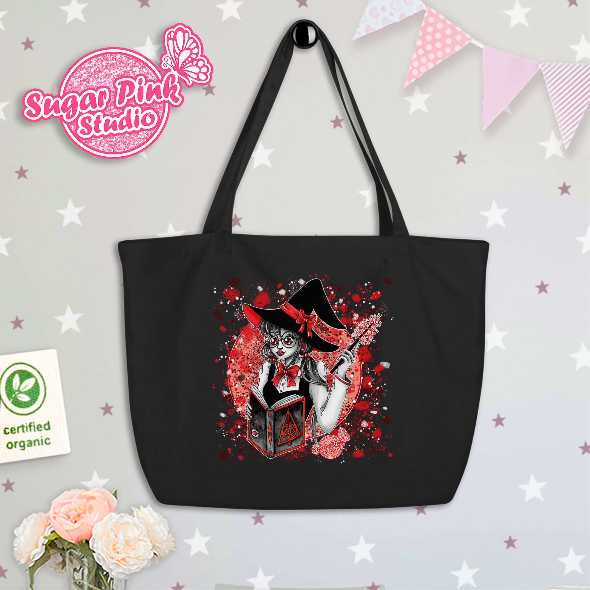 Large Organic Eco Bag Book Worm Witch, Large Cotton Tote Bag, Big ...