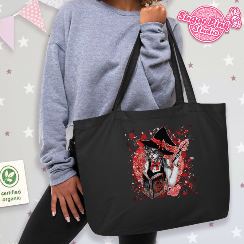 Large Organic Eco Bag - Book Worm Witch, Large Cotton Tote Bag, Big ...