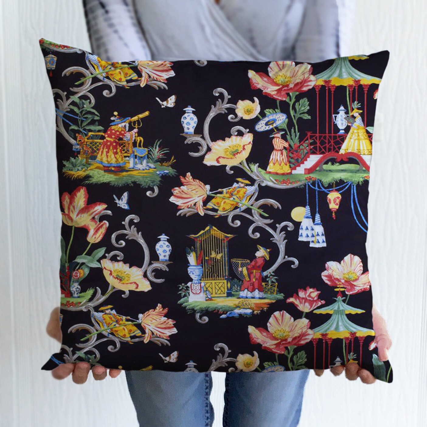 Chinoiserie Throw Pillow Cover Asian Pillow Black Red | Etsy