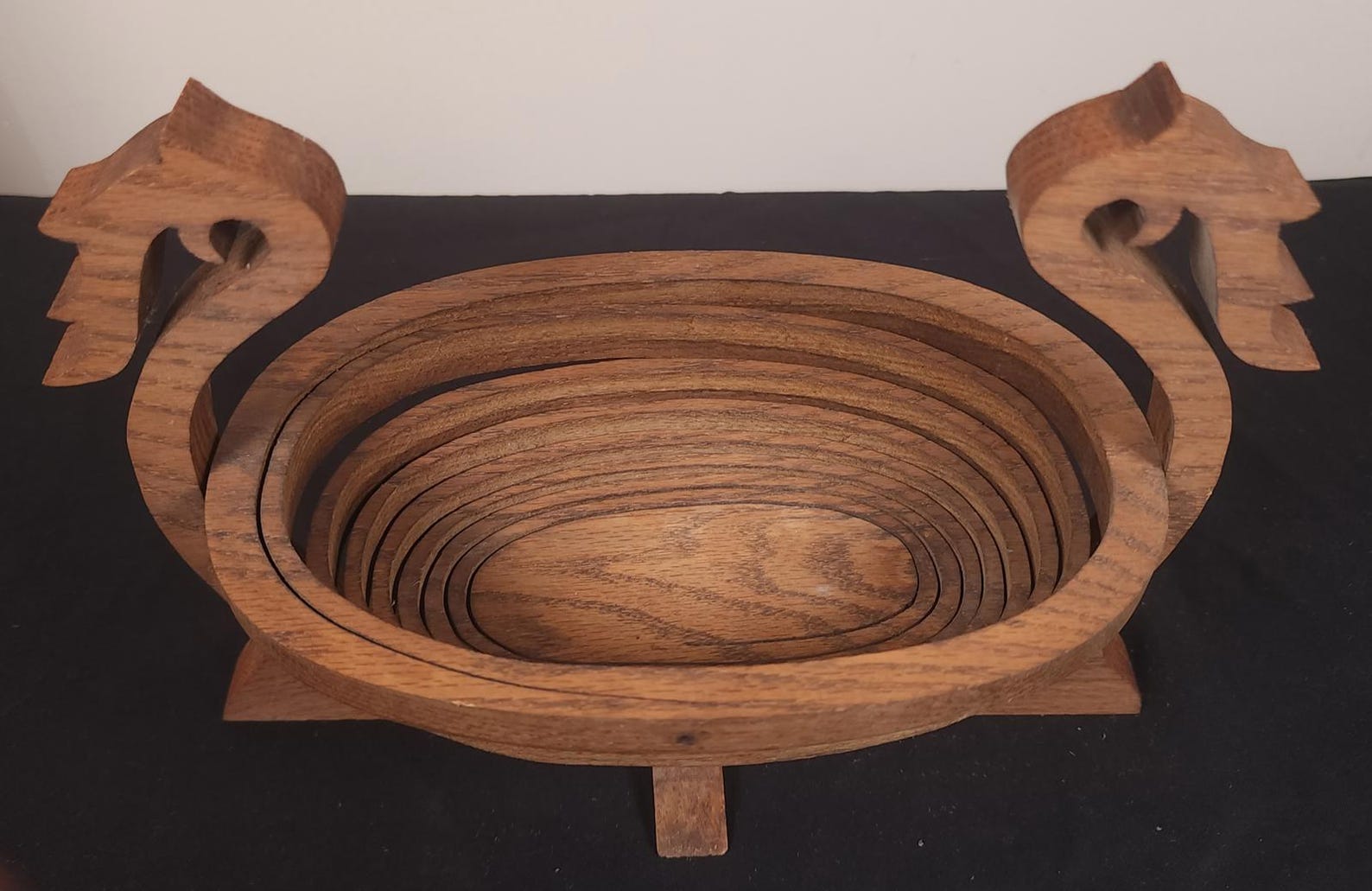 Wooden Collapsible Basket Viking Ship Style 10x7.5” Folding Fruit Bowl ...