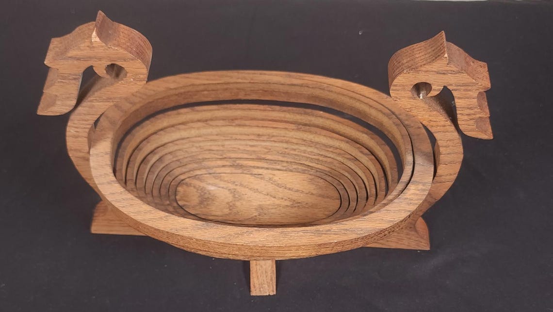 Wooden Collapsible Basket Viking Ship Style 10x7.5” Folding Fruit Bowl ...