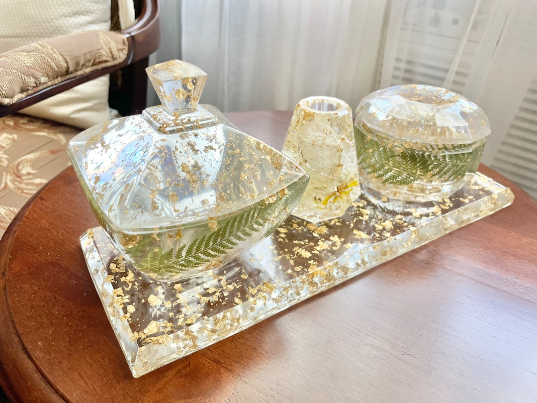 Resin Jewelry Box & Diffuser Set, Floral Vanity Organizer, Gold Flakes ...