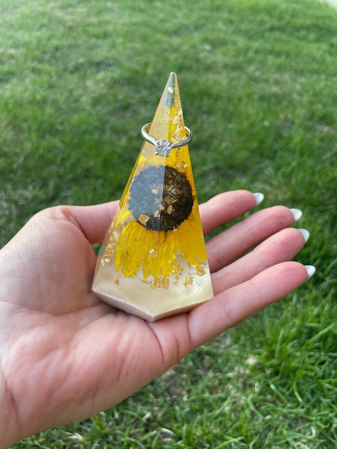 Engagement Ring Display With Real Sunflower, Wedding Ring Holder, Large ...