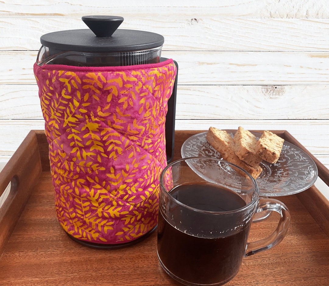 French Press Cozy, Pink Decor, Yellow Leaf Pattern, Cafetiere Cozy ...
