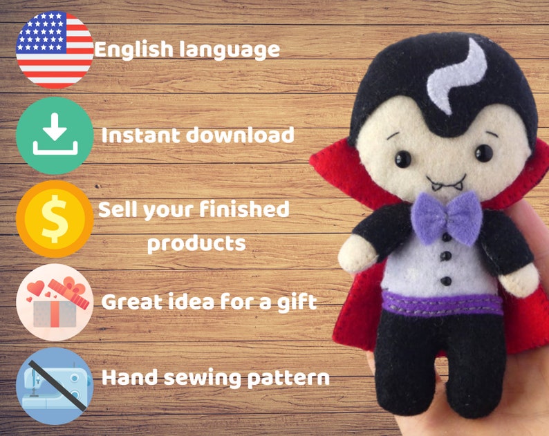 Felt Vampire Sewing Pattern PDF – Halloween Ornament Plush – DIY Hand ...