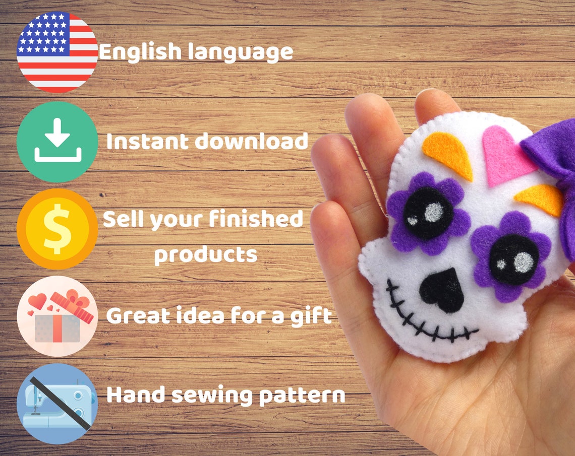 PDF Felt Halloween Sugar Skull Sewing PATTERN & Tutorial - Halloween ...