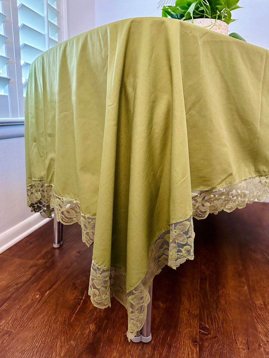 Vintage Olive Green Lace Trimmed Rectangular Tablecloth - Etsy